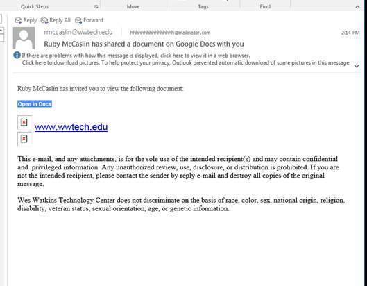 WARNING TO DISTRICTS: Google Docs Malicious Email