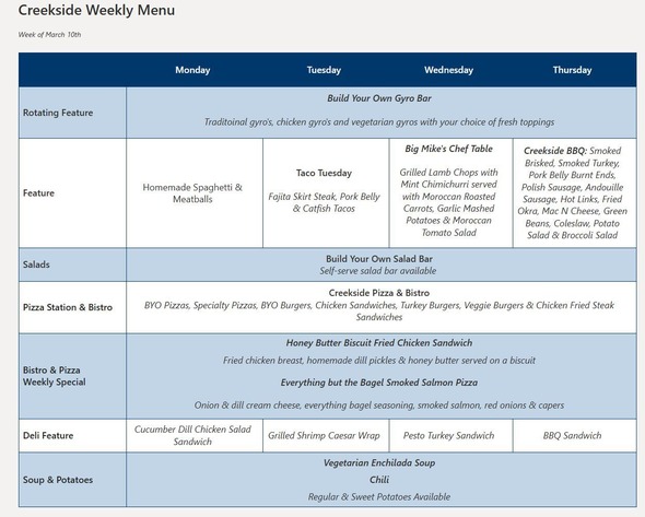 Creekside Menu March 10-14