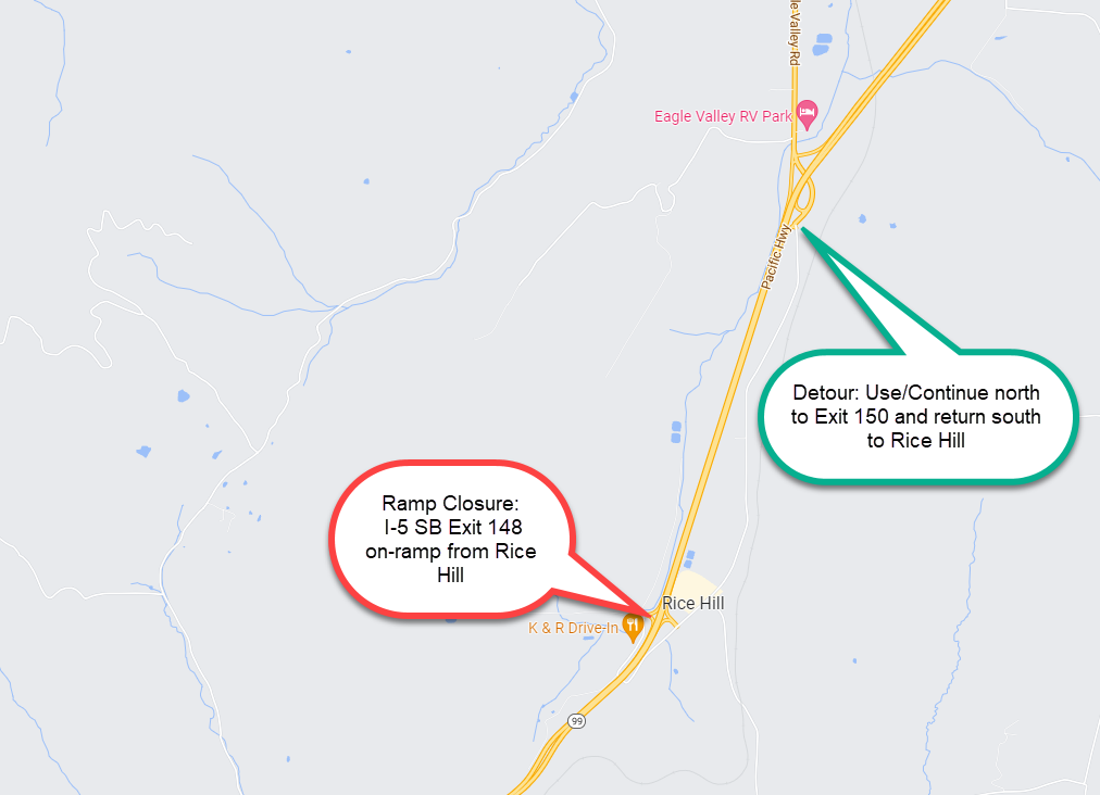 Ramp Closure – I-5 SB Exit 148 on-ramp from Rice Hill