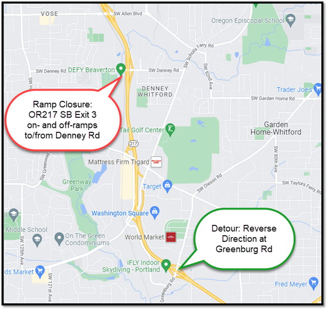 Update: Ramp Closure – OR217 SB Exit 3 on- and off-ramps to/from Denney Rd