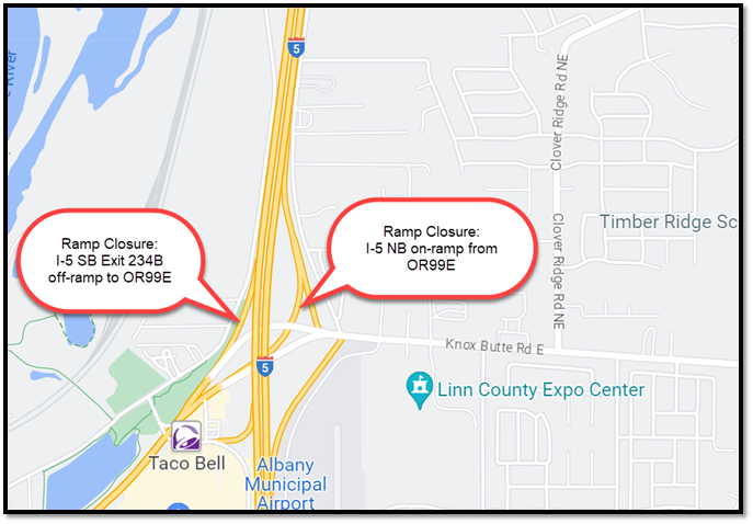 Update: Ramp Closures: I-5 NB & SB on/off ramps to/from OR99E (Albany)