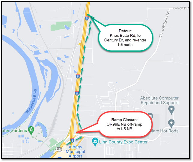 Ramp Closure – OR99E NB off-ramp to I-5 NB (Albany)
