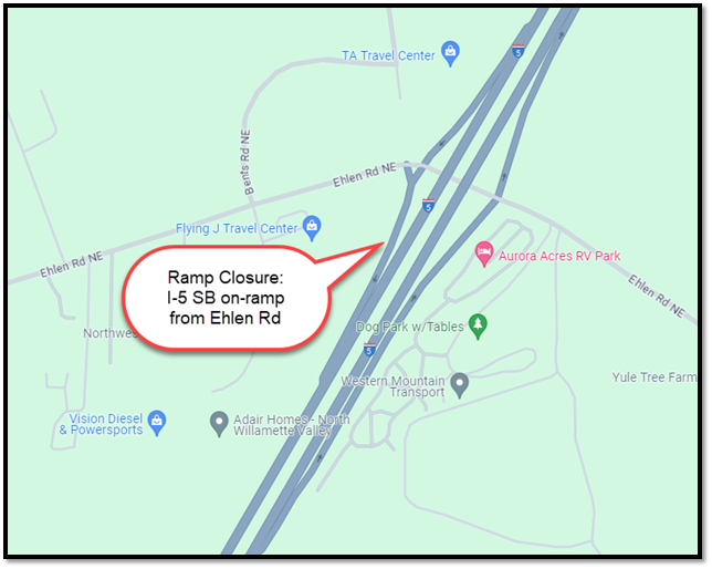 Ramp Closure – I-5 SB Exit 278 on-ramp from Ehlen Rd (Aurora)