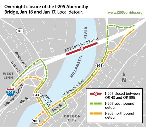 Abernethy Bridge on I-205 will close nights of Jan. 16 and 17