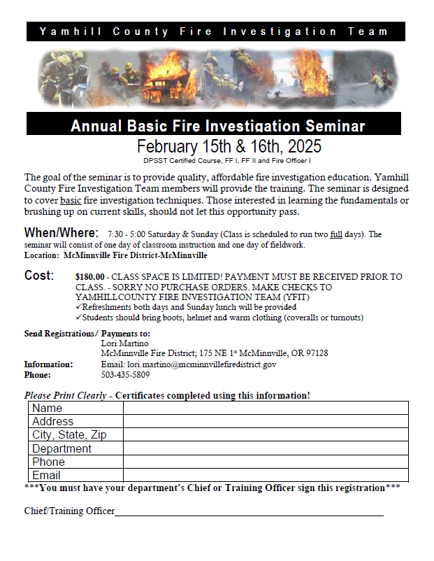 Basic Fire Investigation Seminar - McMinnville, OR