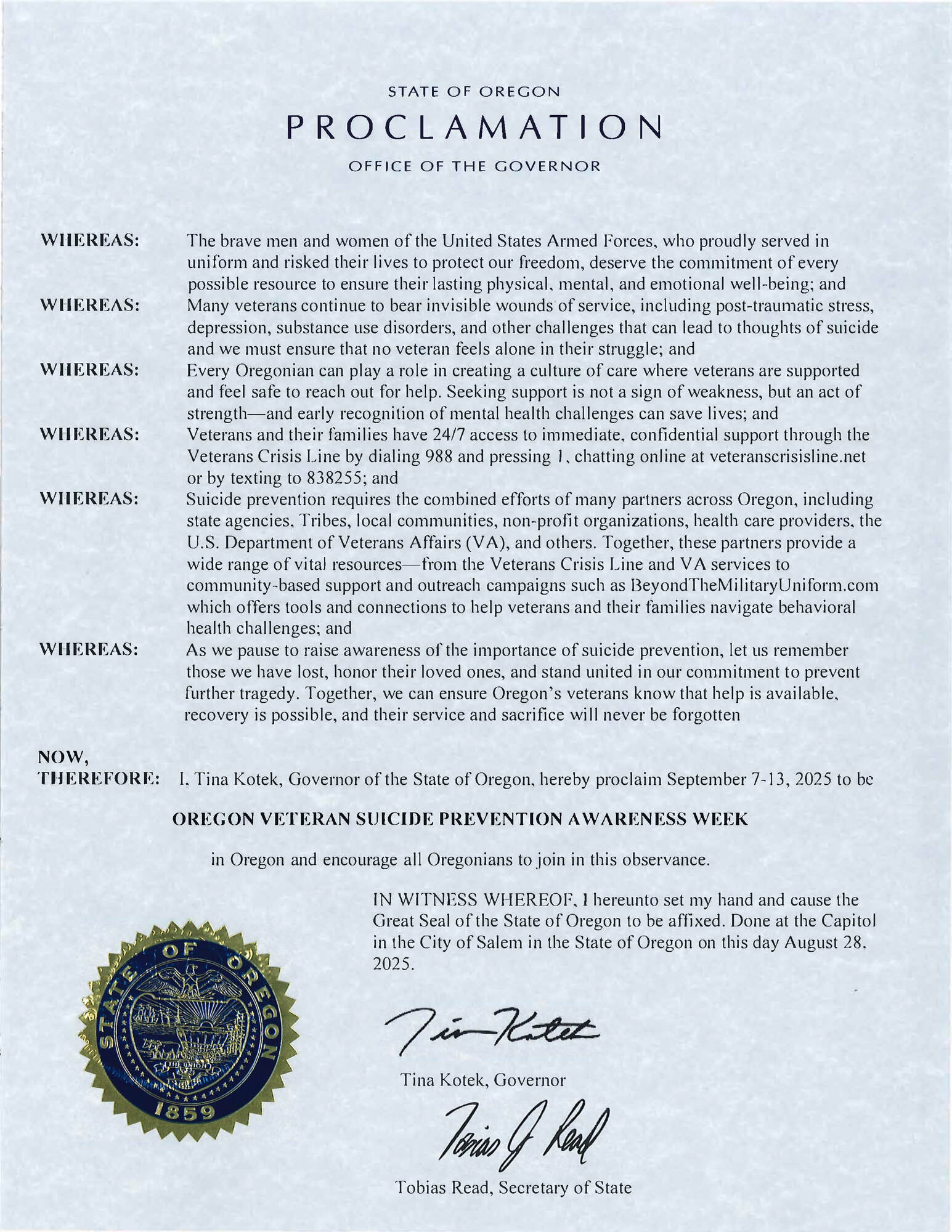 Governor Tina Kotek Proclaims Oregon Veteran Suicide Prevention ...