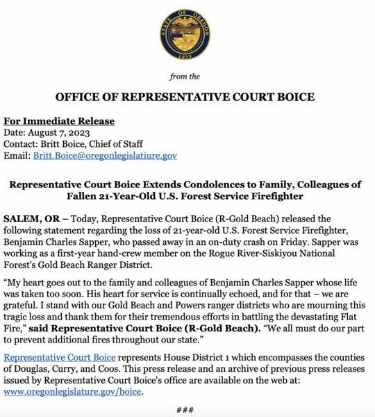 Representative Court Boice Extends Condolences to Family, Colleagues of ...