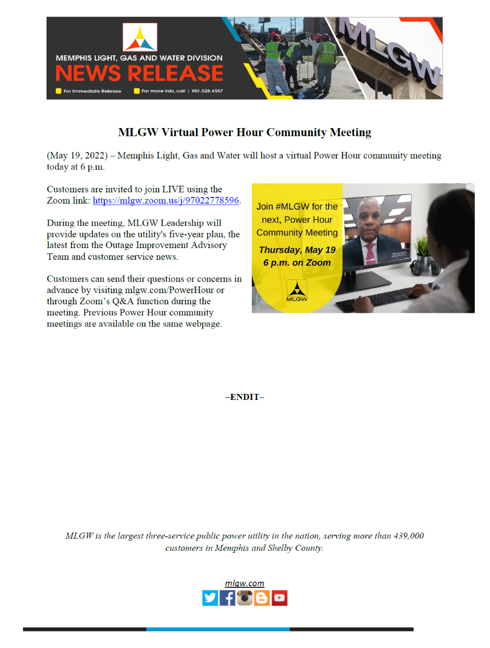MLGW Hosts Virtual Power Hour Community Meeting Today at 6pm