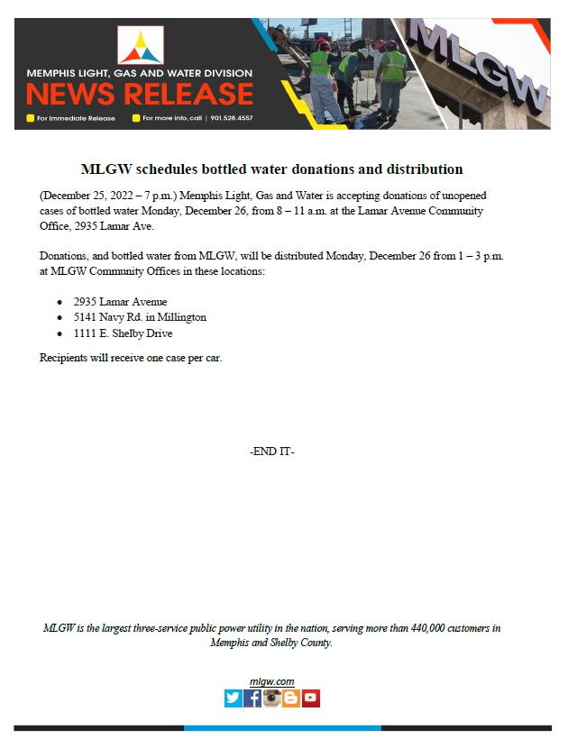 MLGW schedules bottled water donations and distribution