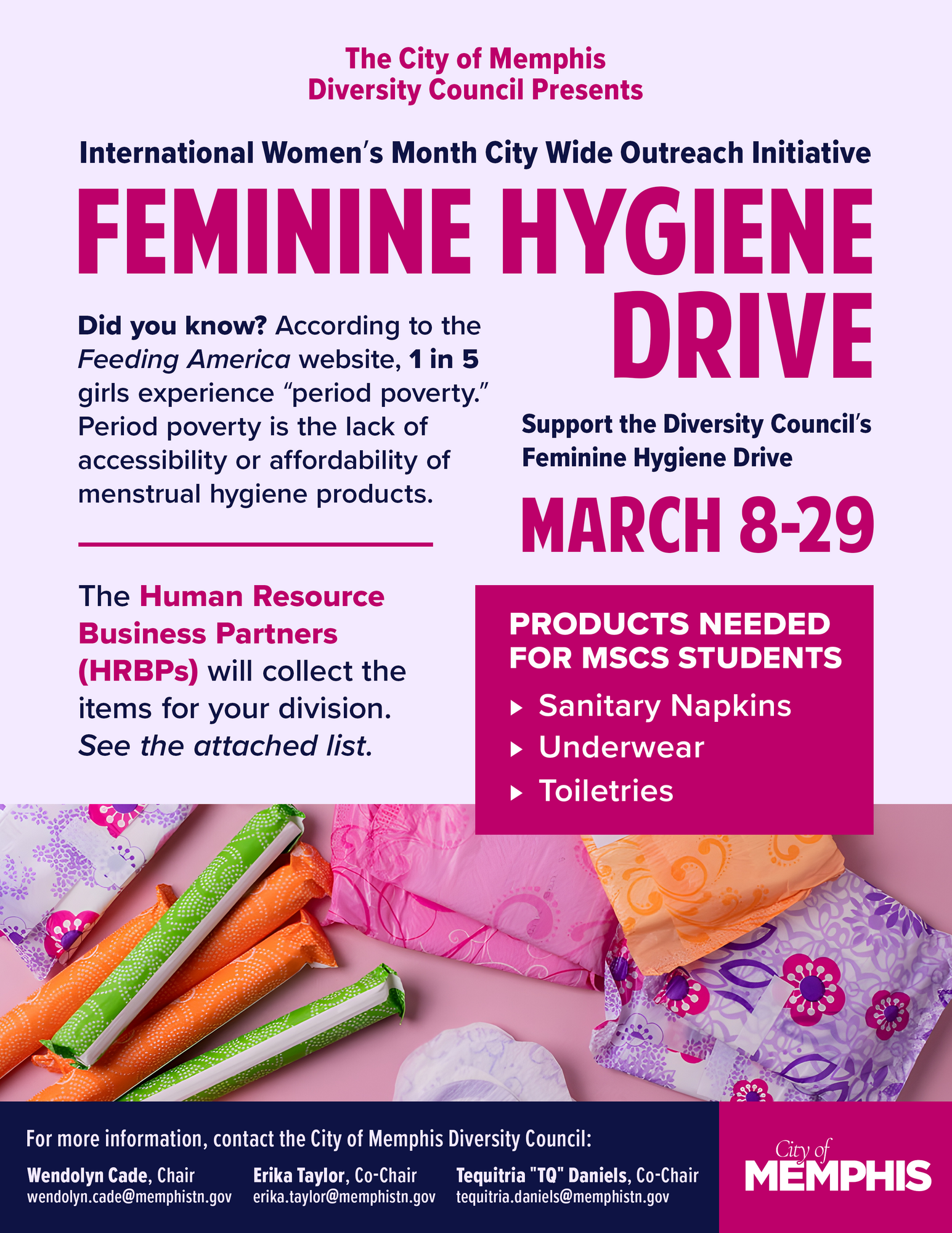 International Women's Month - Feminine Hygiene Drive - March 8-29