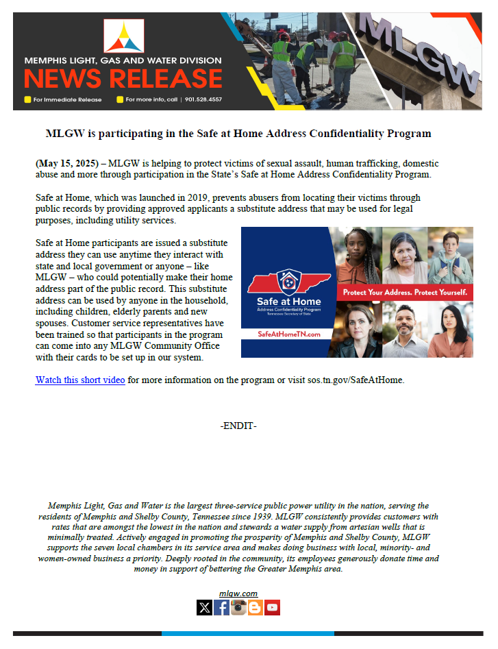 MLGW is participating in the Safe at Home Address Confidentiality Program
