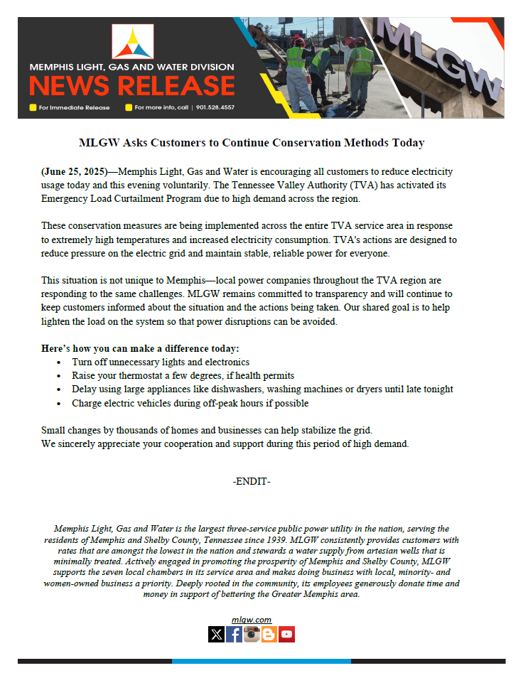 MLGW Asks Customers to Continue Conservation Methods Today