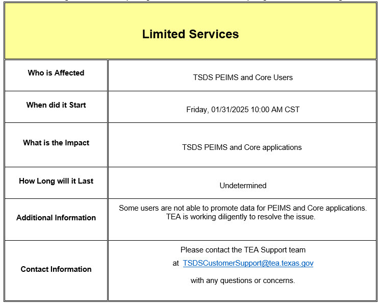 Limited Services: TSDS PEIMS and Core Applications