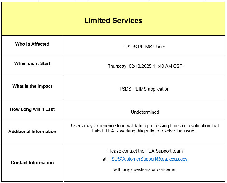TSDS PEIMS-Limited Services