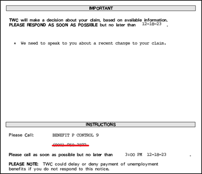 Notice to Contact Texas Workforce Commission