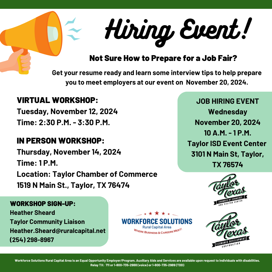 HIRING EVENT in Jobs in Taylor, TX -- 15+ Employers Attending!