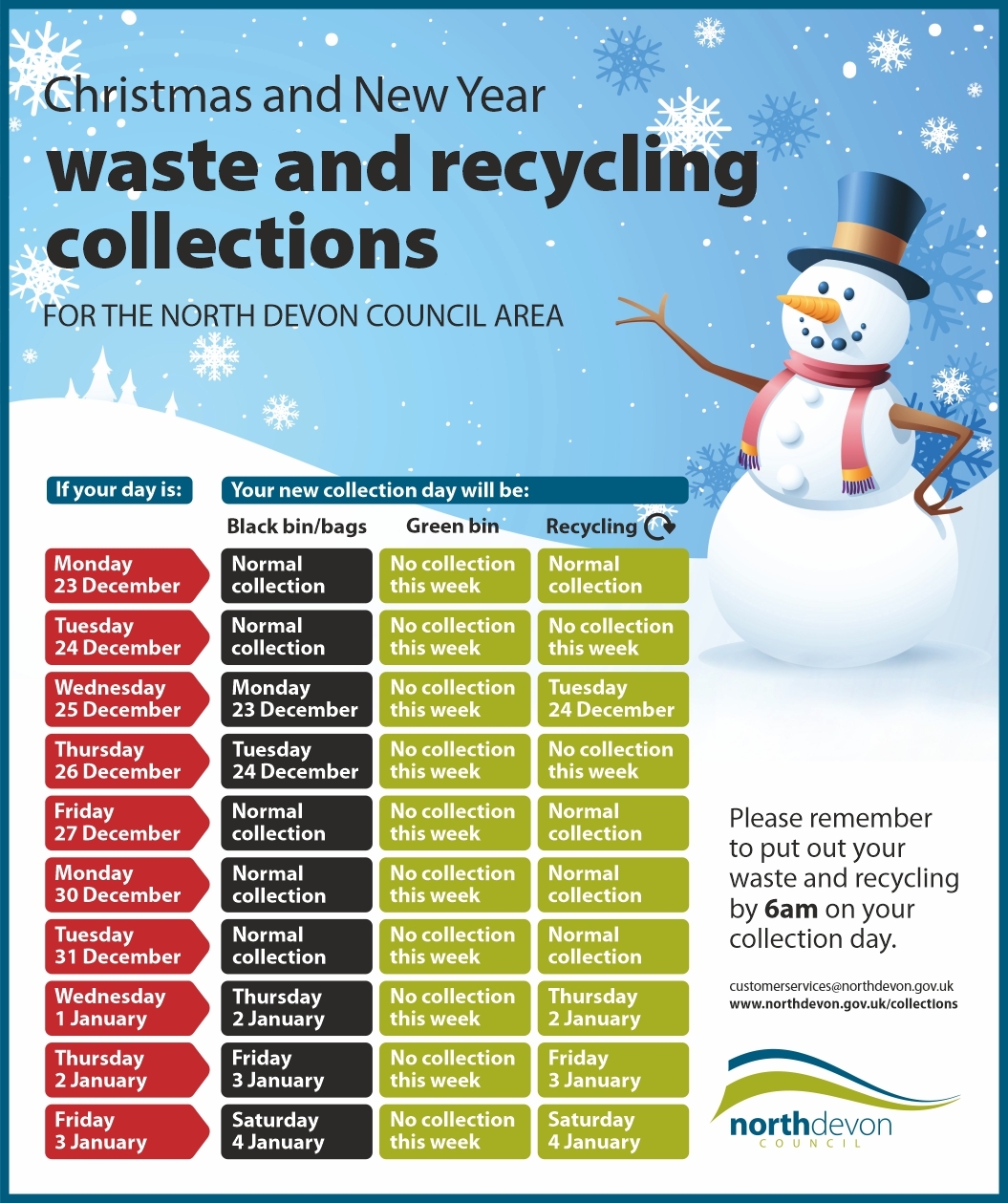 Changes to Christmas bin collections 2024/25. Just a reminder...