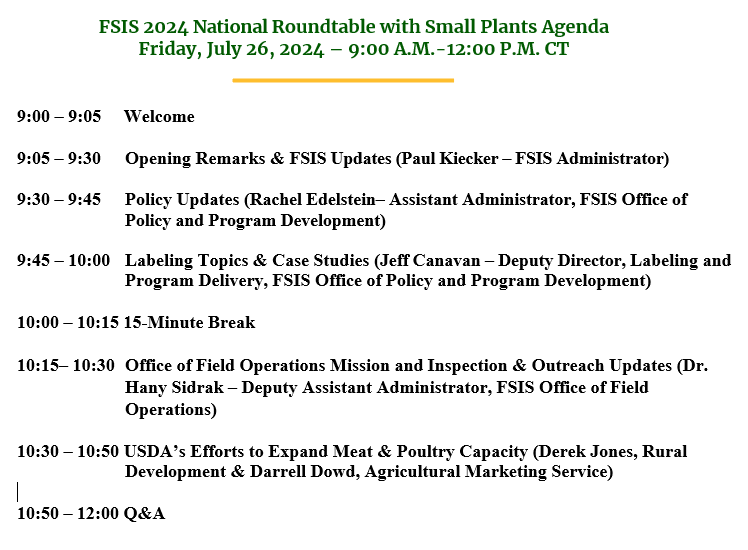 FRIDAY, July 26: FSIS Hosts National Small Plant Roundtable