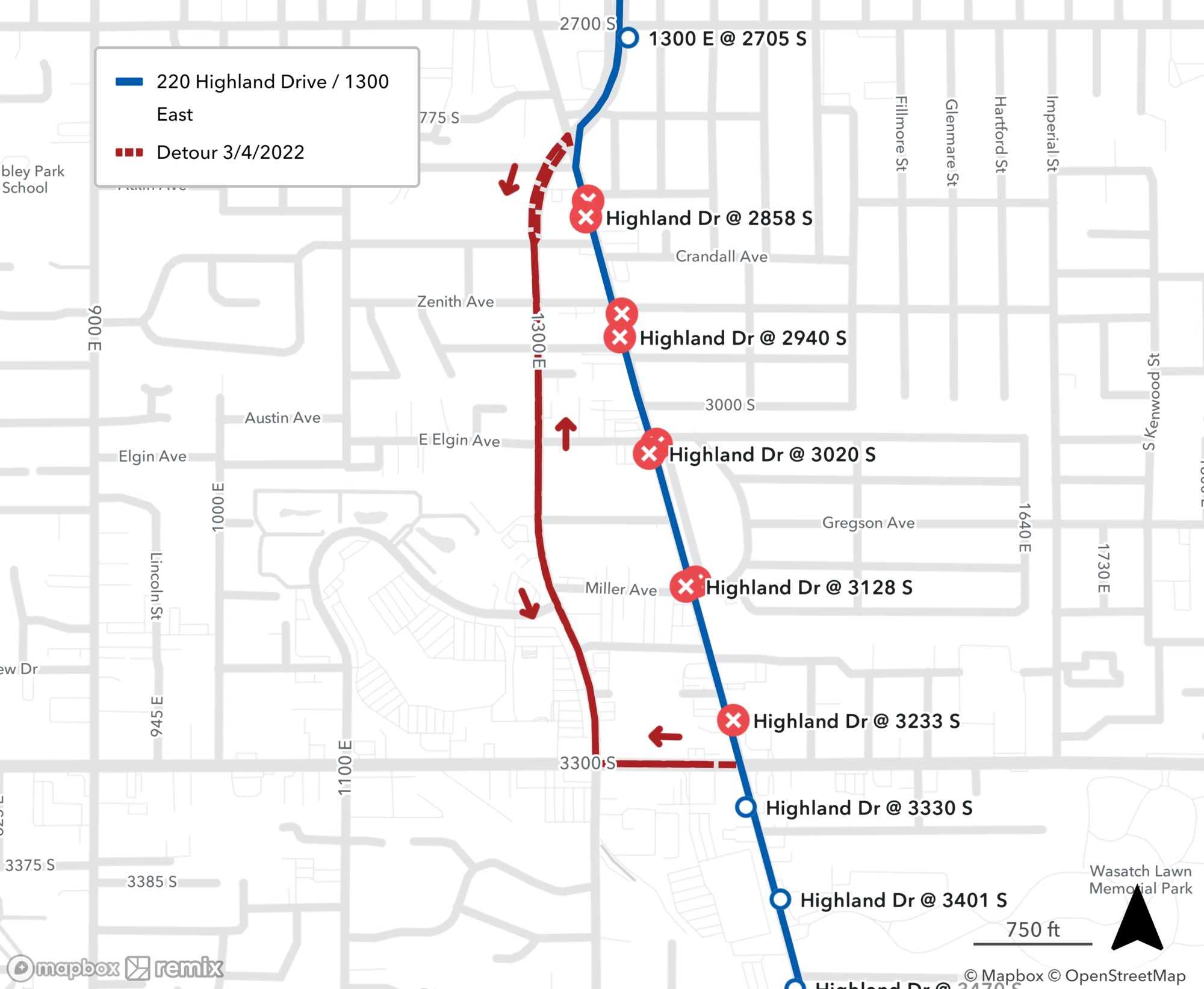 220 - Highland Drive / 1300 East on Detour