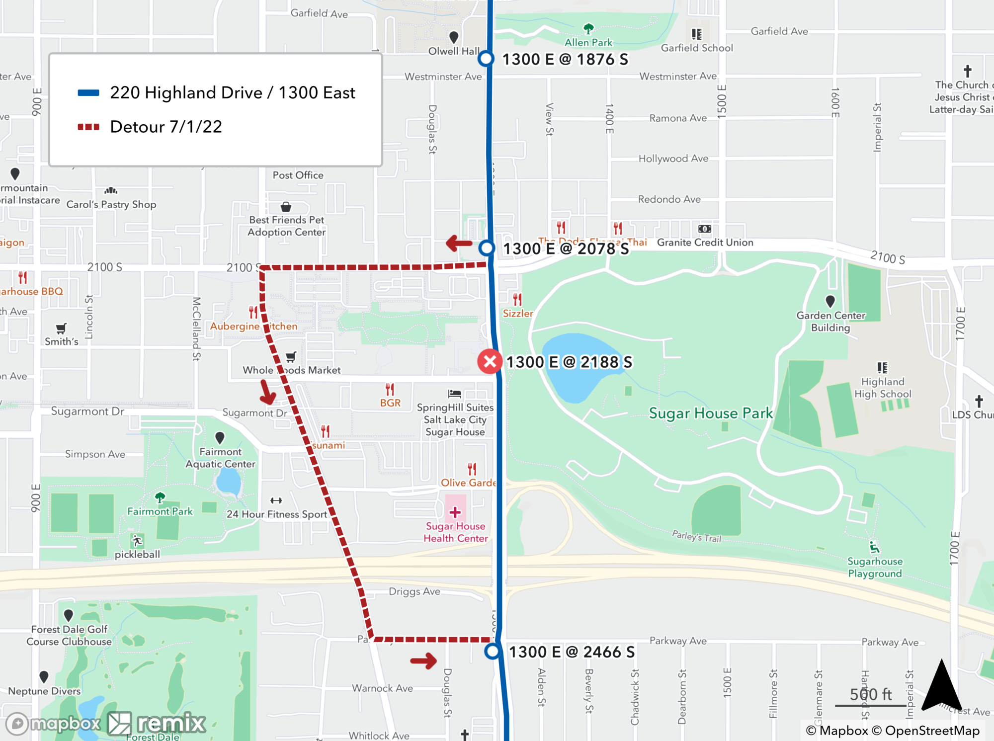 220 - Highland Drive / 1300 East on Detour