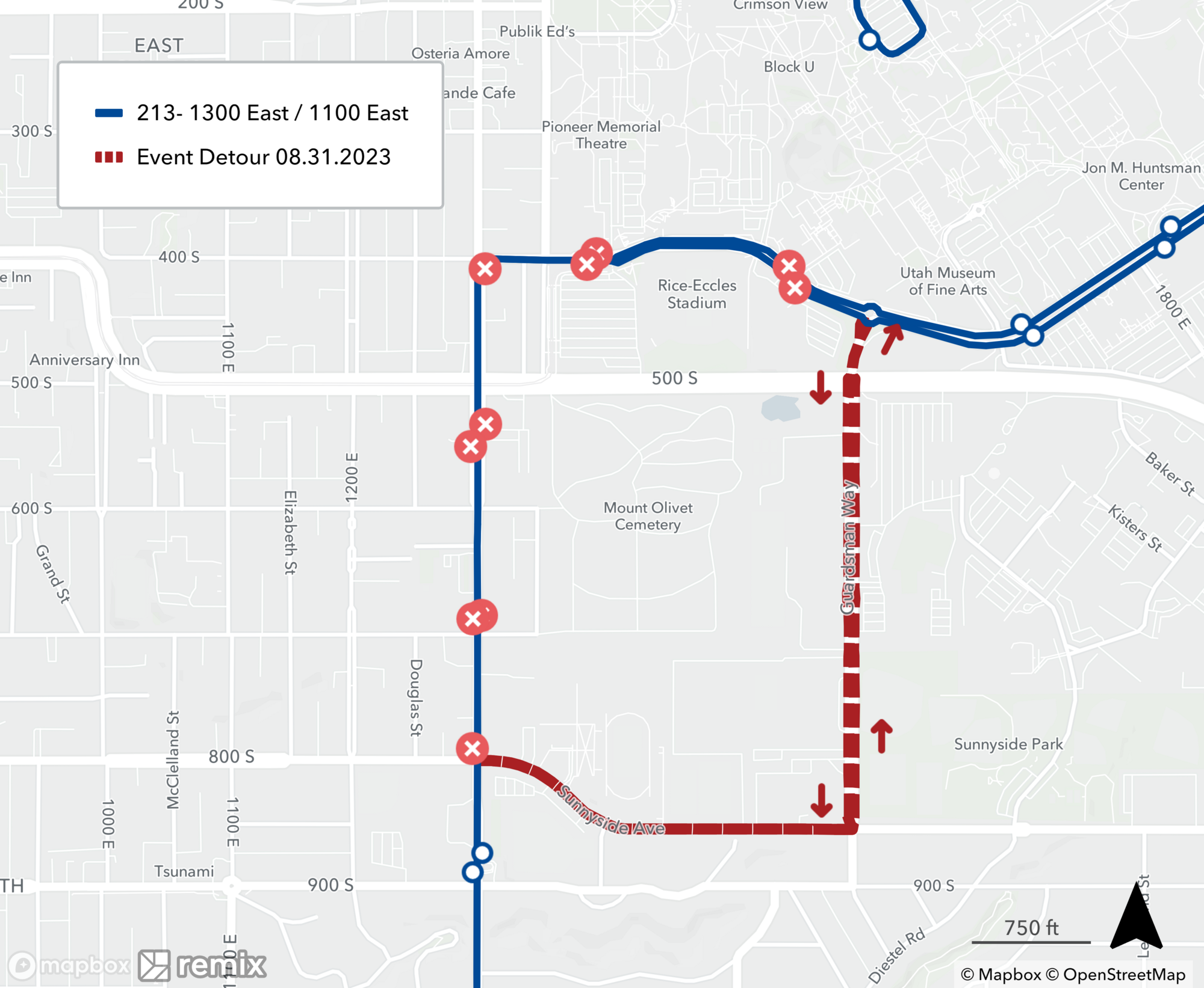 213 - 1300 East / 1100 East Football Detour 8/31