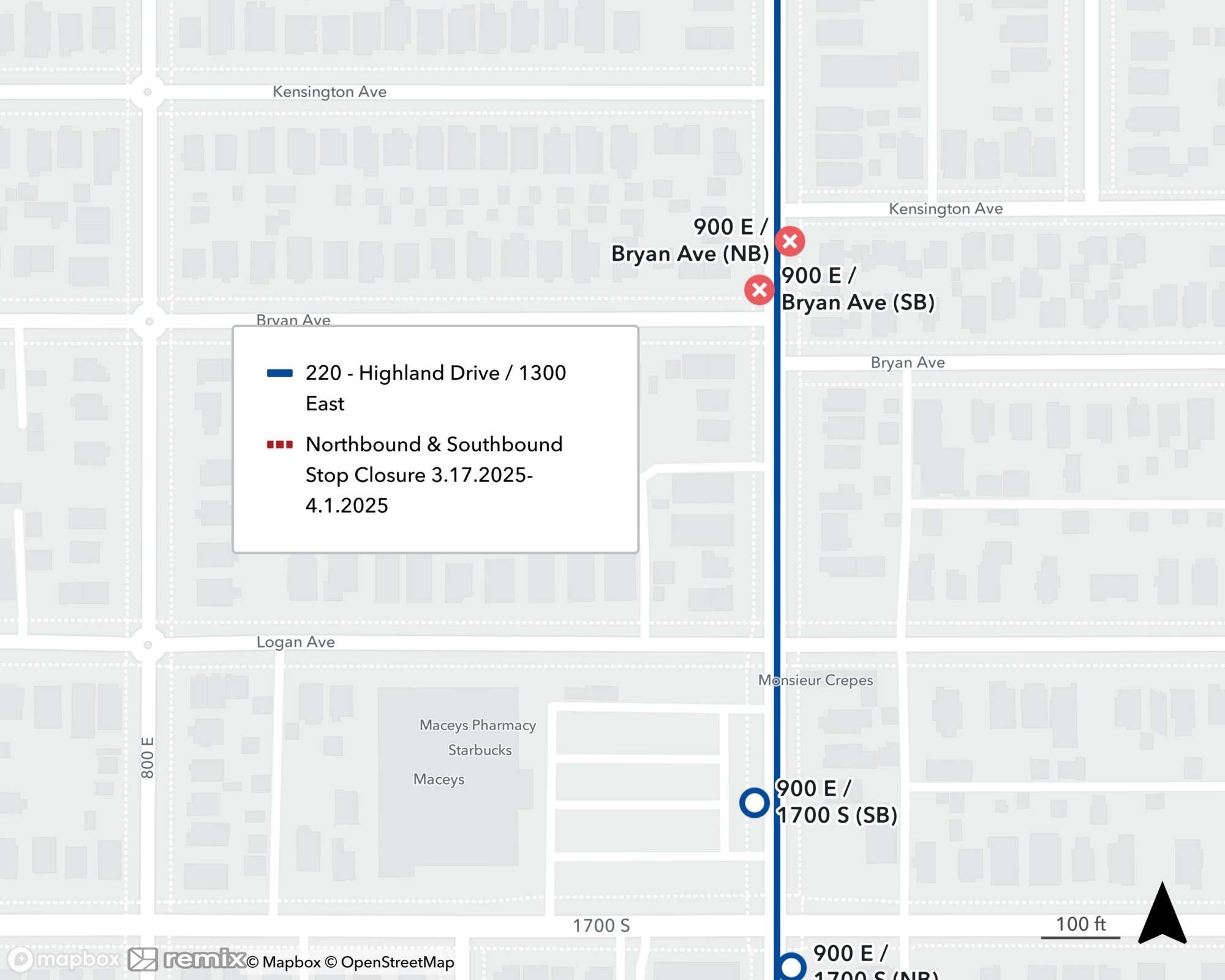 220 - Highland Drive / 1300 East Stop Closure 3/17/25 - 4/1/25