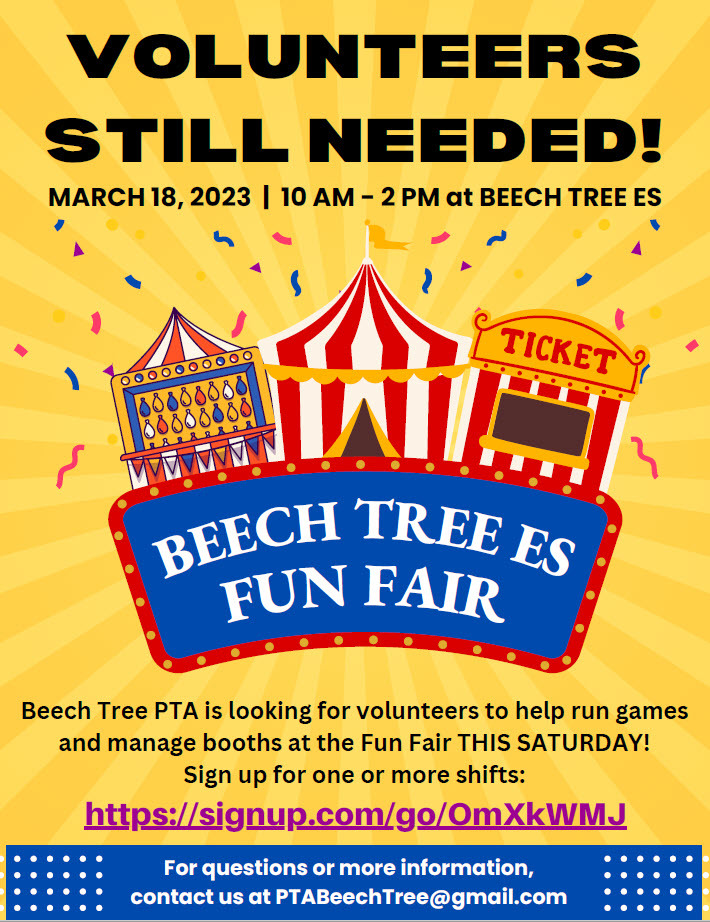 Beech Tree PTA Calling for Volunteers for FUN FAIR 3.18.23
