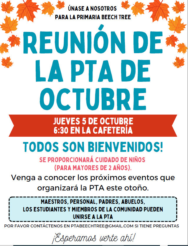 Beech Tree PTA Meeting Tomorrow Oct. 5