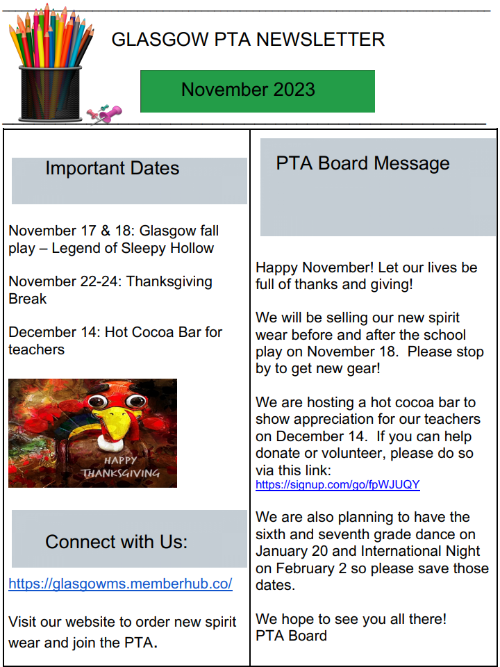 Glasgow MS PTA Newsletter: November 2023