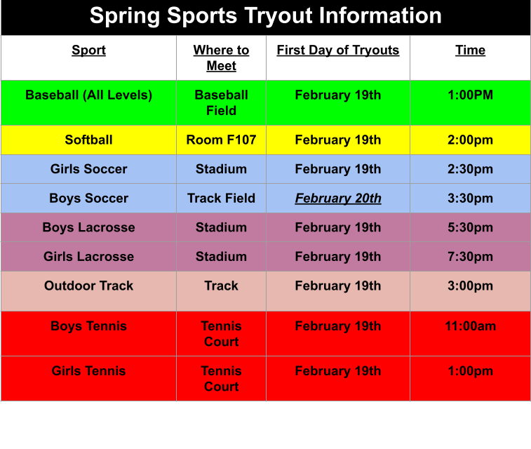 Spring Sports Tryout Information *Time Corrections*