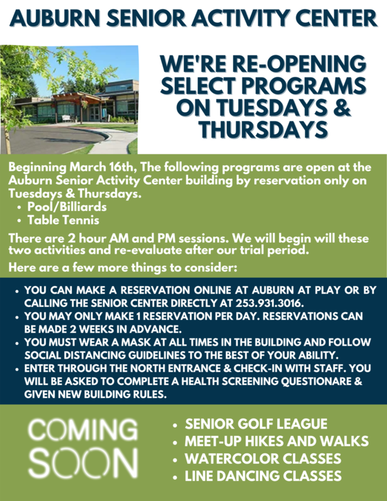 Auburn Senior Activity Center- Re-Opening Select Programs