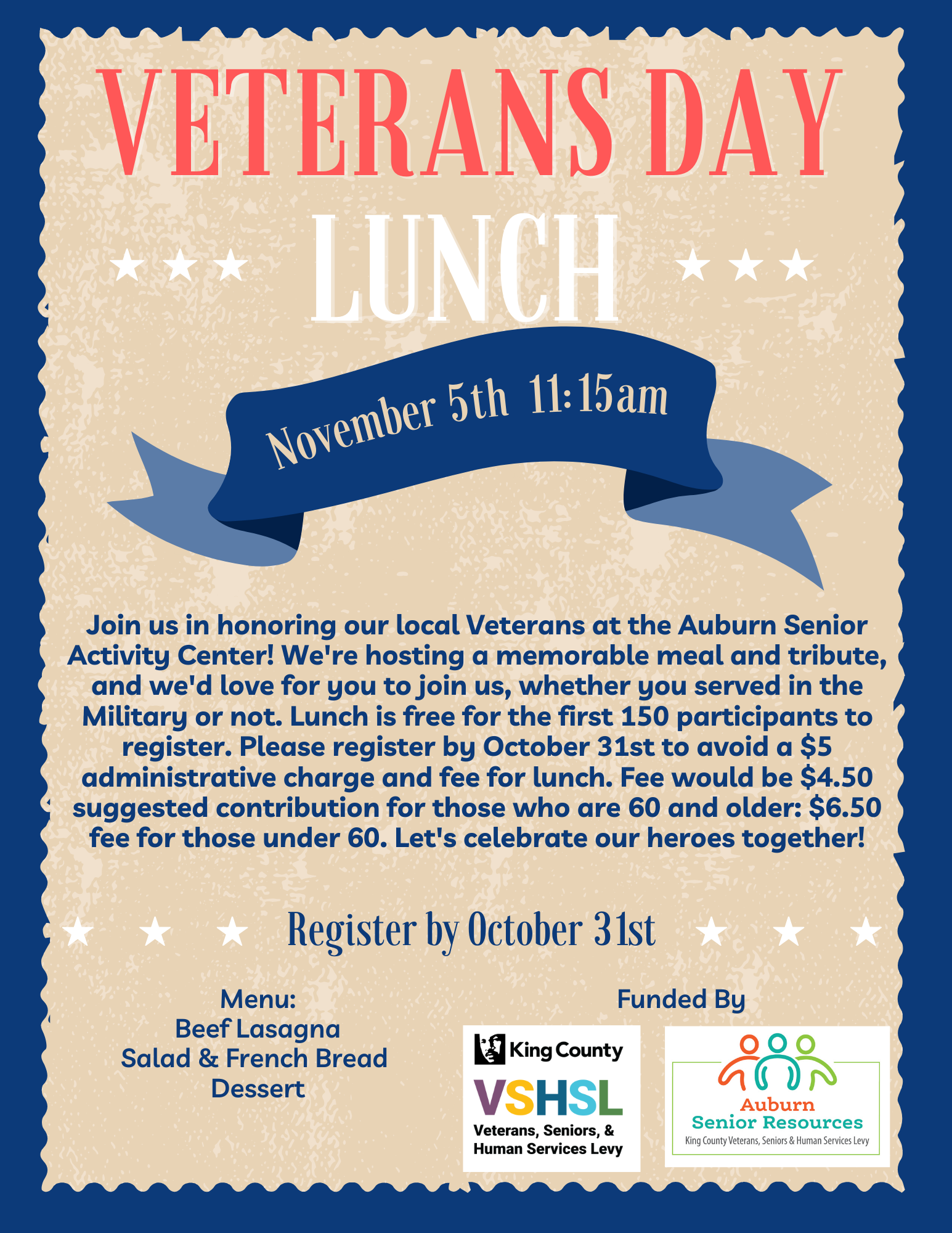 Auburn Senior Activity Center - Veterans Day Lunch: 11/5