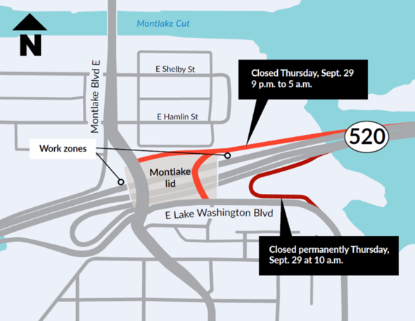 Montlake Project construction progress video, current and upcoming closures