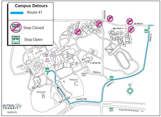 Route 41 on detour Apr. 26 due to Evergreen closing the Dorm Loop