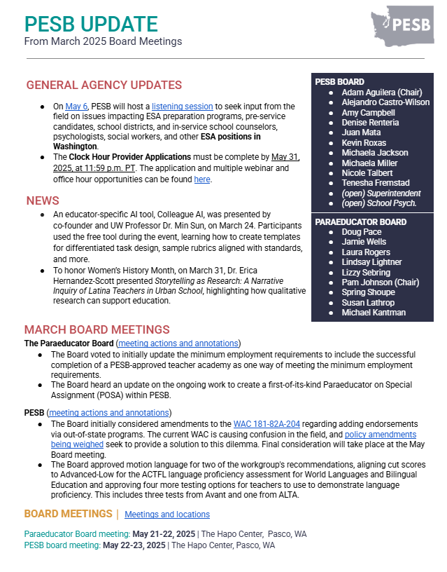 PESB Update from March 2025 Board Meeting
