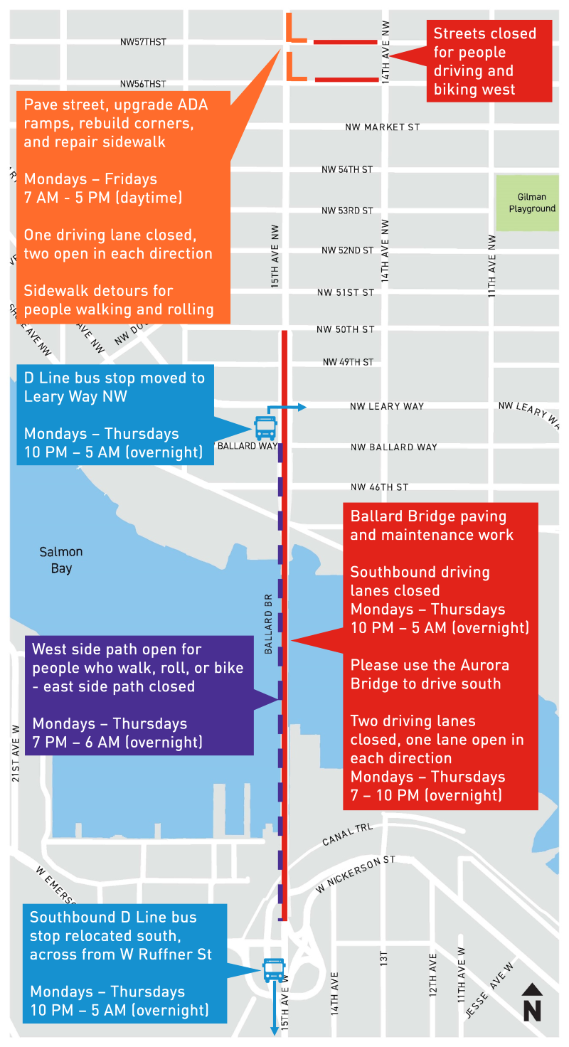 15th Ave W/NW & Ballard Bridge Construction for July 8 - 19