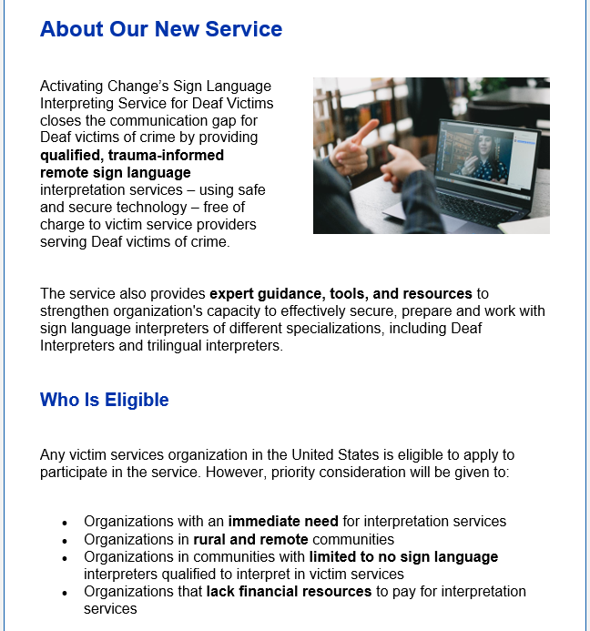 Free Sign Language Interpretation Service for Victims Service Providers