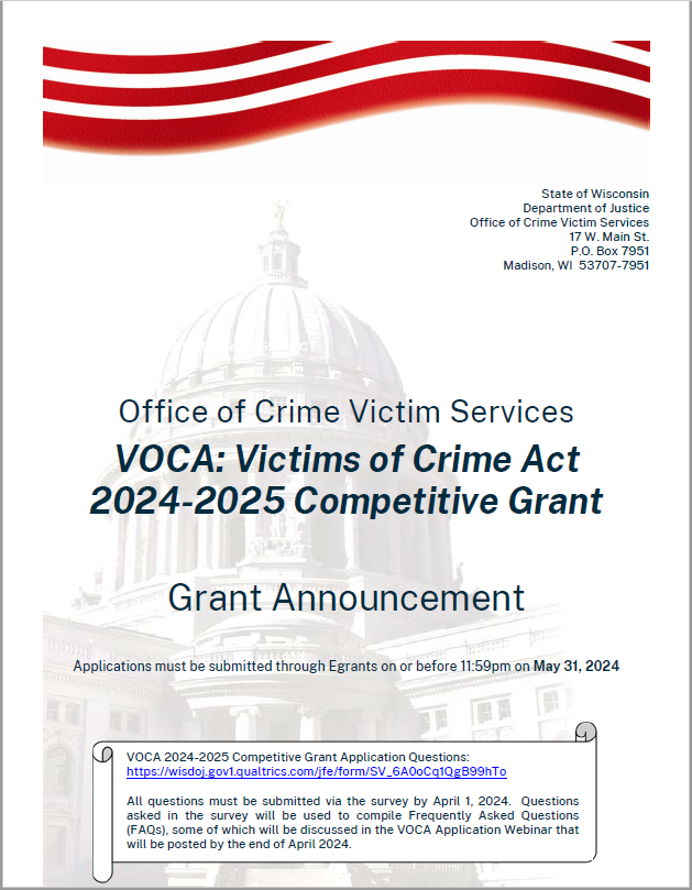Funding Announcement: VOCA 2024-2025 Competitive Grant is NOW OPEN!