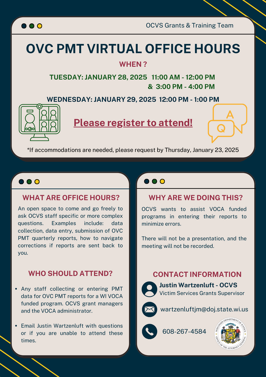 Register today: OVC PMT Virtual Office Hours - January 28 & 29, 2025